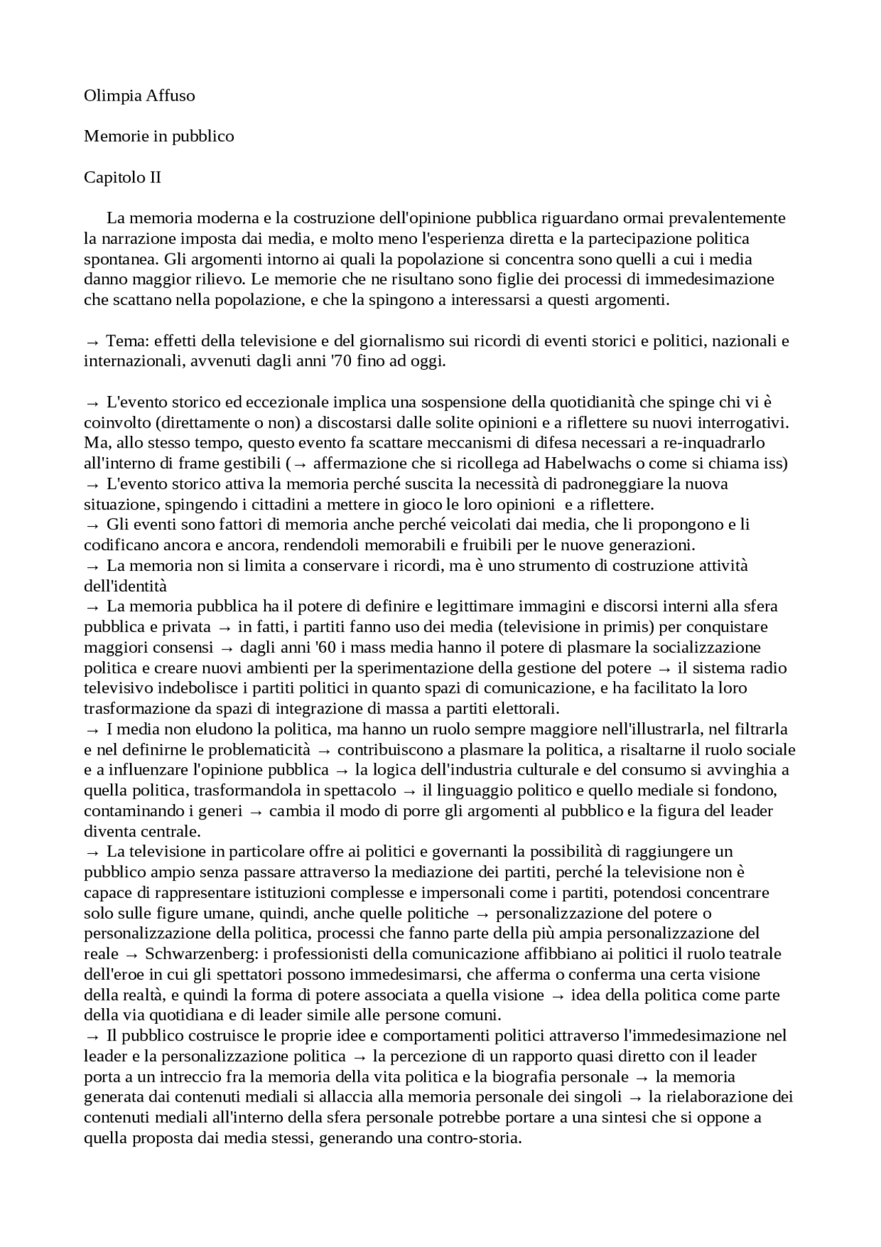 Memorie in pubblico - Affuso Olimpia - Docsity