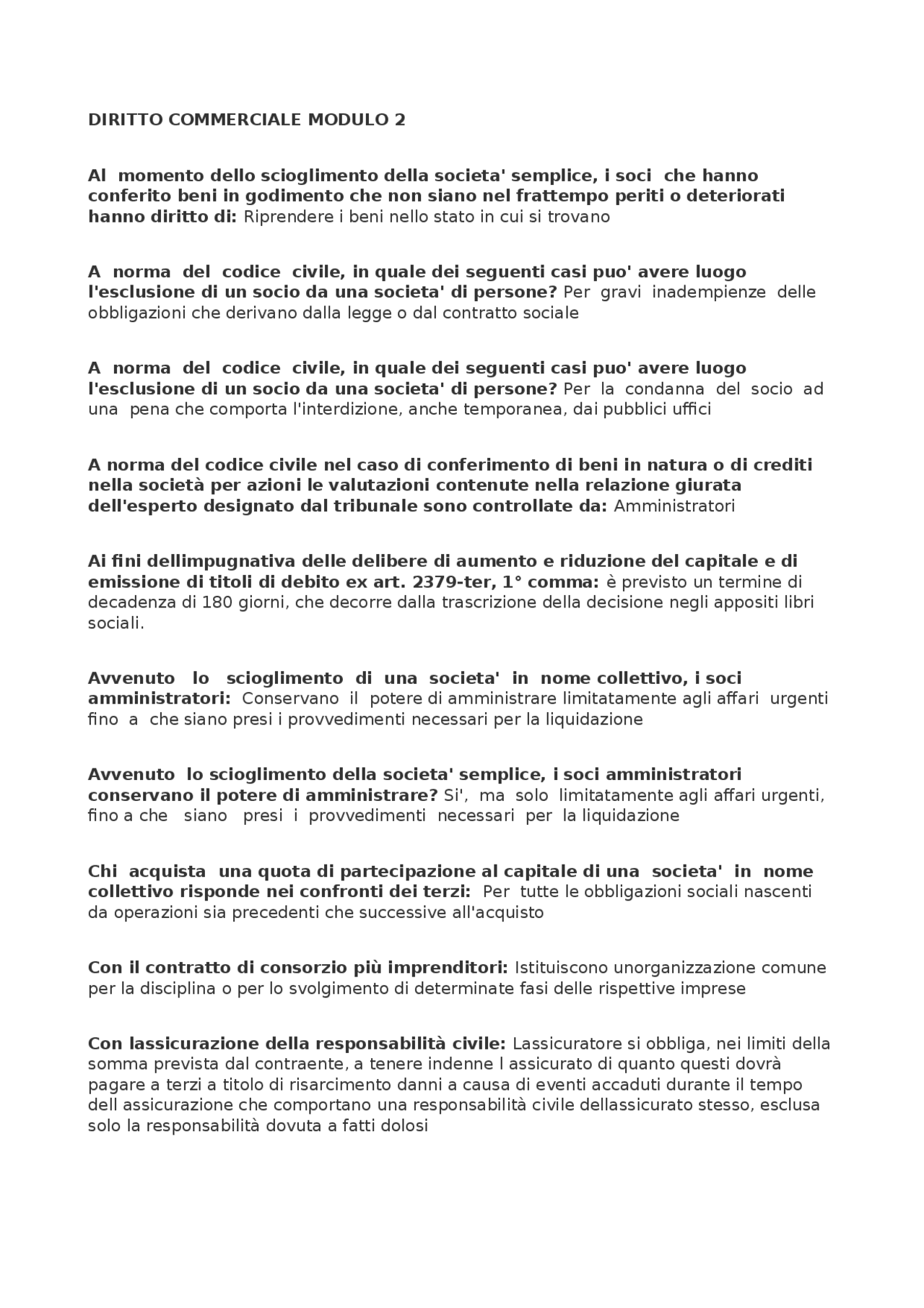 Domande E Risposte Esame Diritto Commerciale Modulo 2 Università