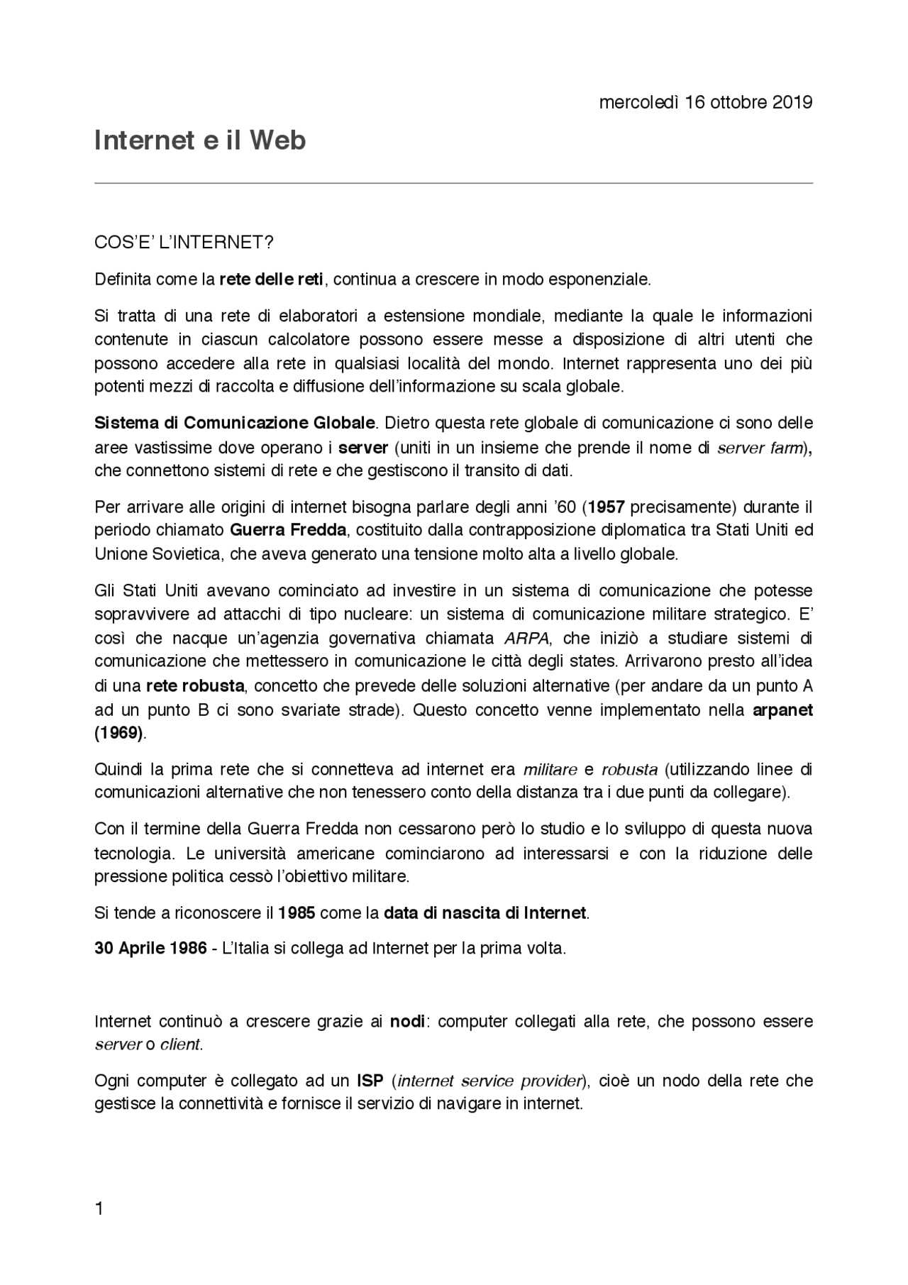 In cosa consistono l'Internet e il Web - Docsity