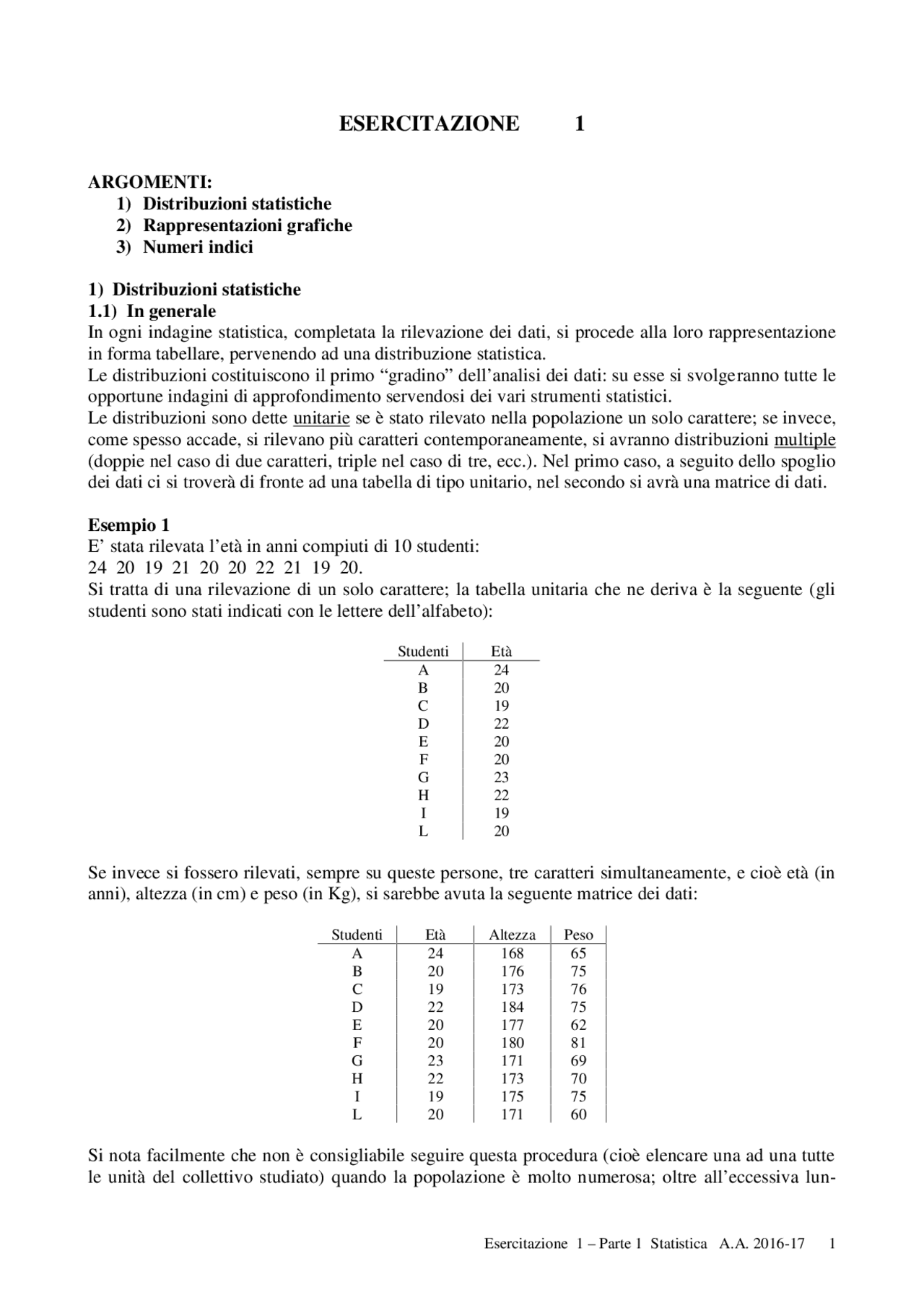 Esercitazione Statistica Docsity