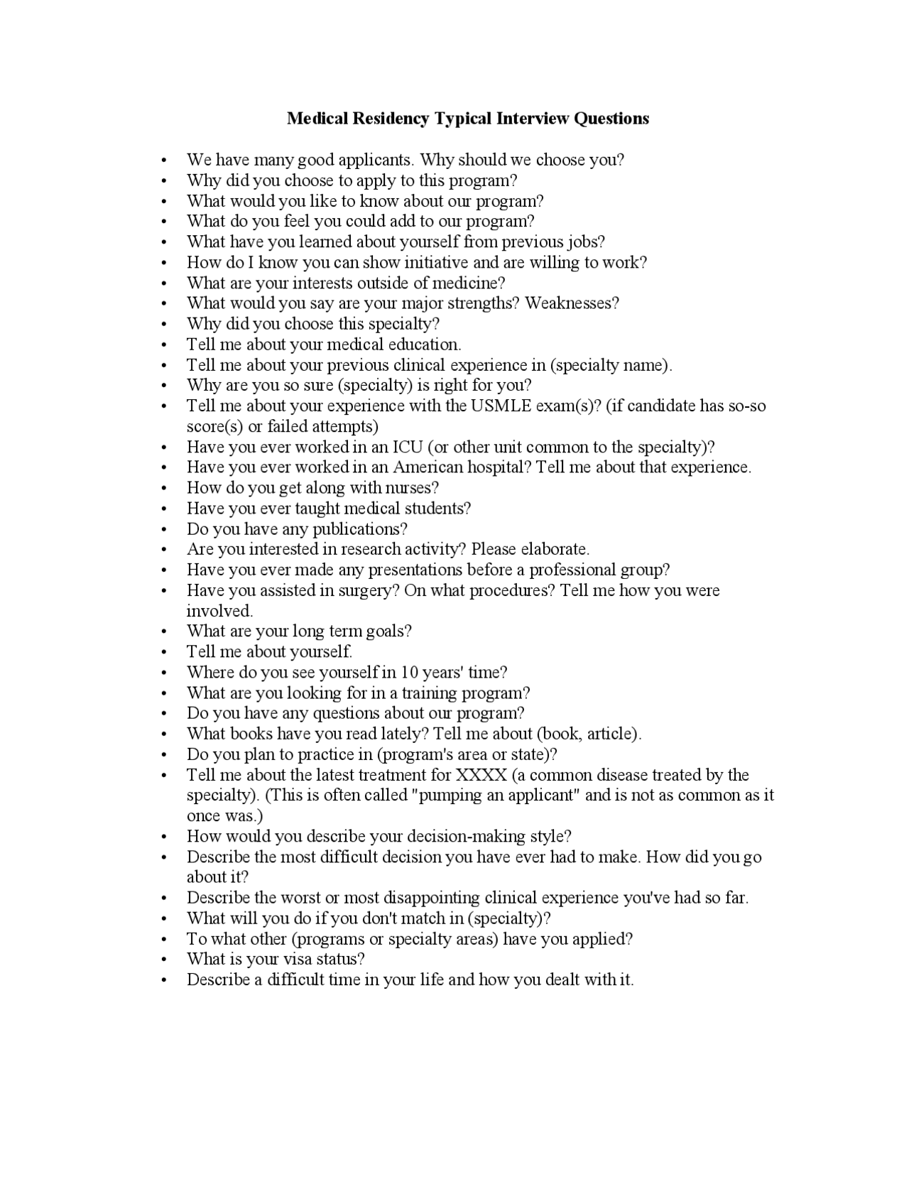 Medical Residency Interview Questions - Docsity