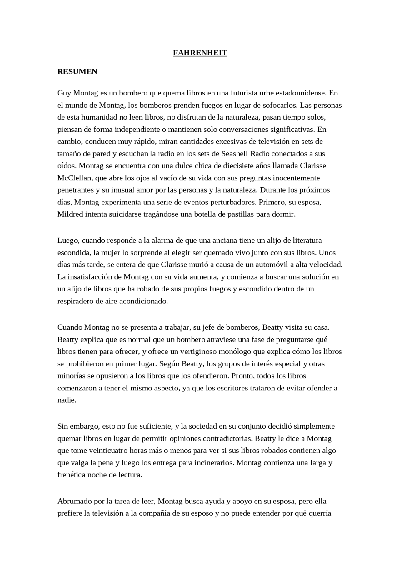 resumen libro de fahrenheit | Apuntes de Historia | Docsity