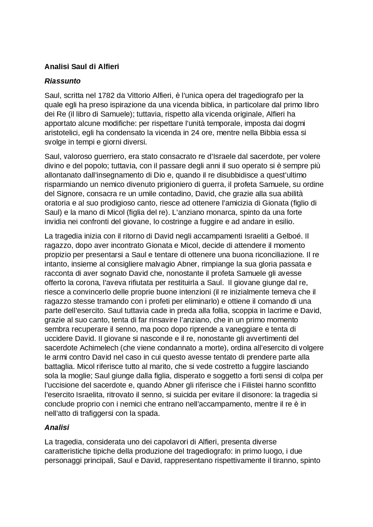 Saul di Alfieri, riassunto e analisi | Appunti di Italiano | Docsity