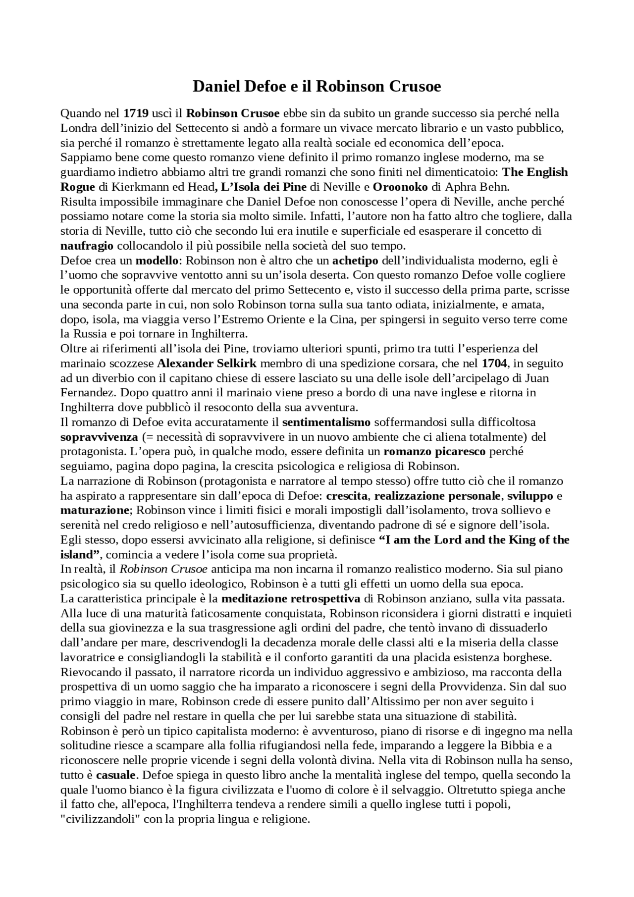 Daniel Defoe e il Robinson Crusoe | Appunti di Letteratura Inglese | Docsity