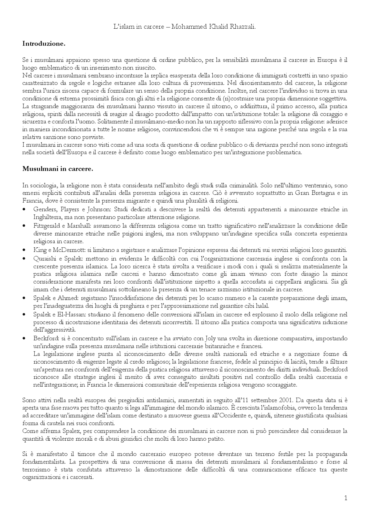 Riassunto Libro Islam In Carcere Rhazzali Docsity