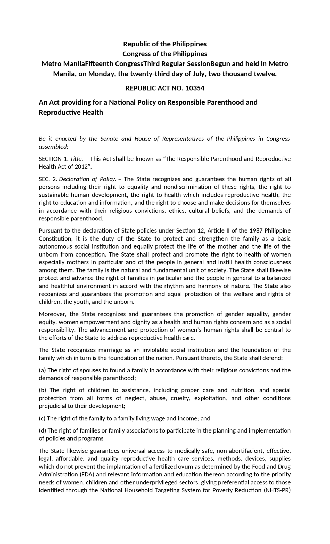 Republic Act No.10354 - Docsity