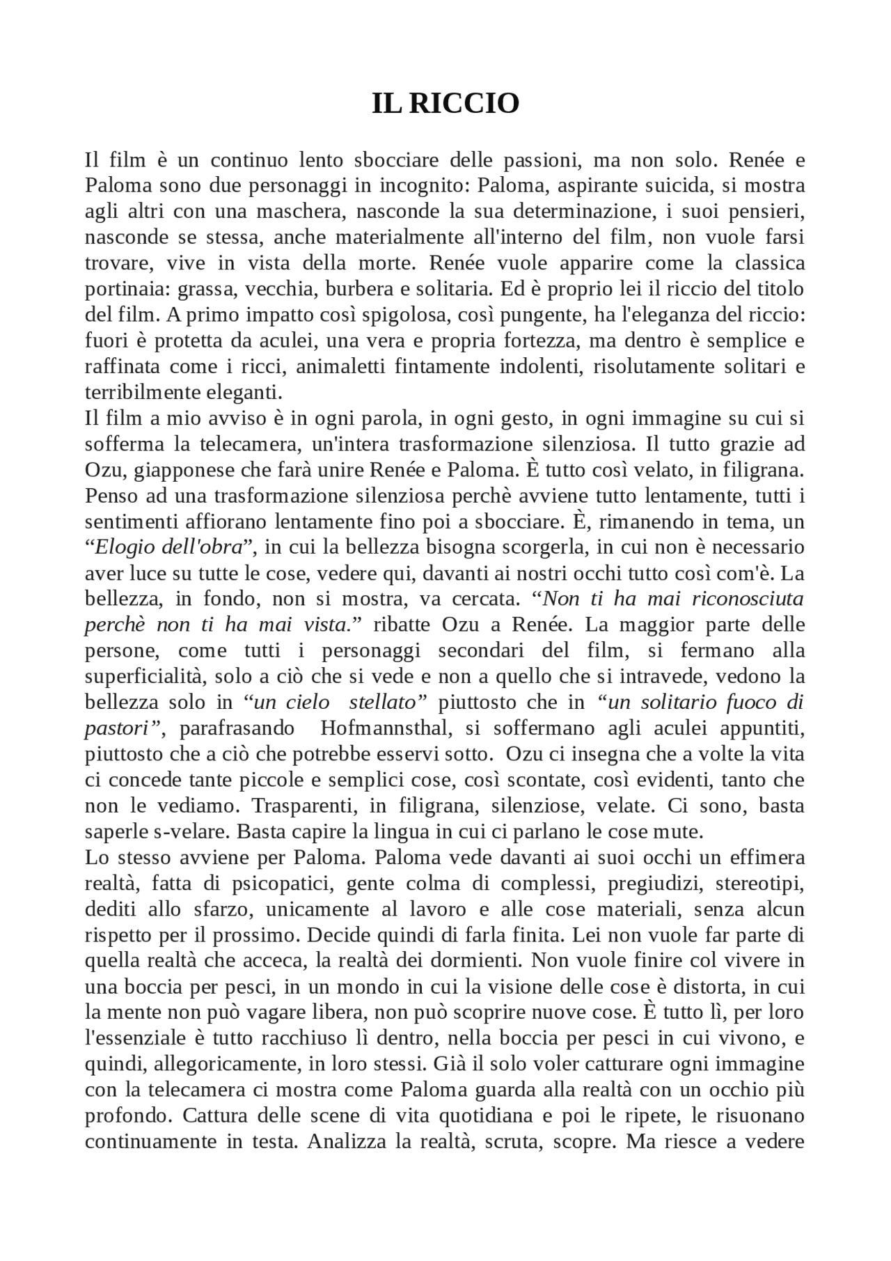 L'eleganza del riccio recensione - Docsity