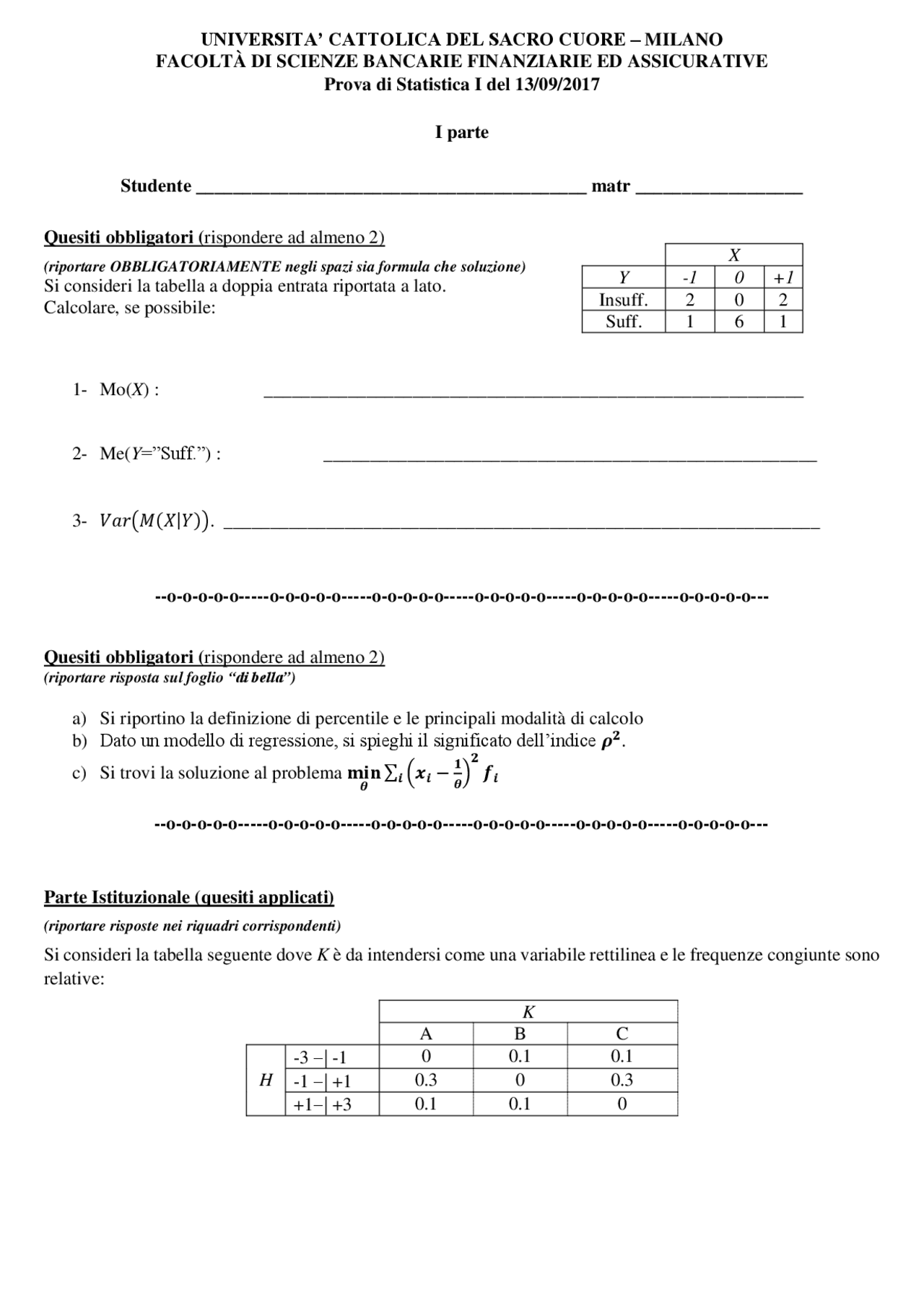 Prova Esame Statistica 1 13092017 Prof Zappa Unicatt Docsity