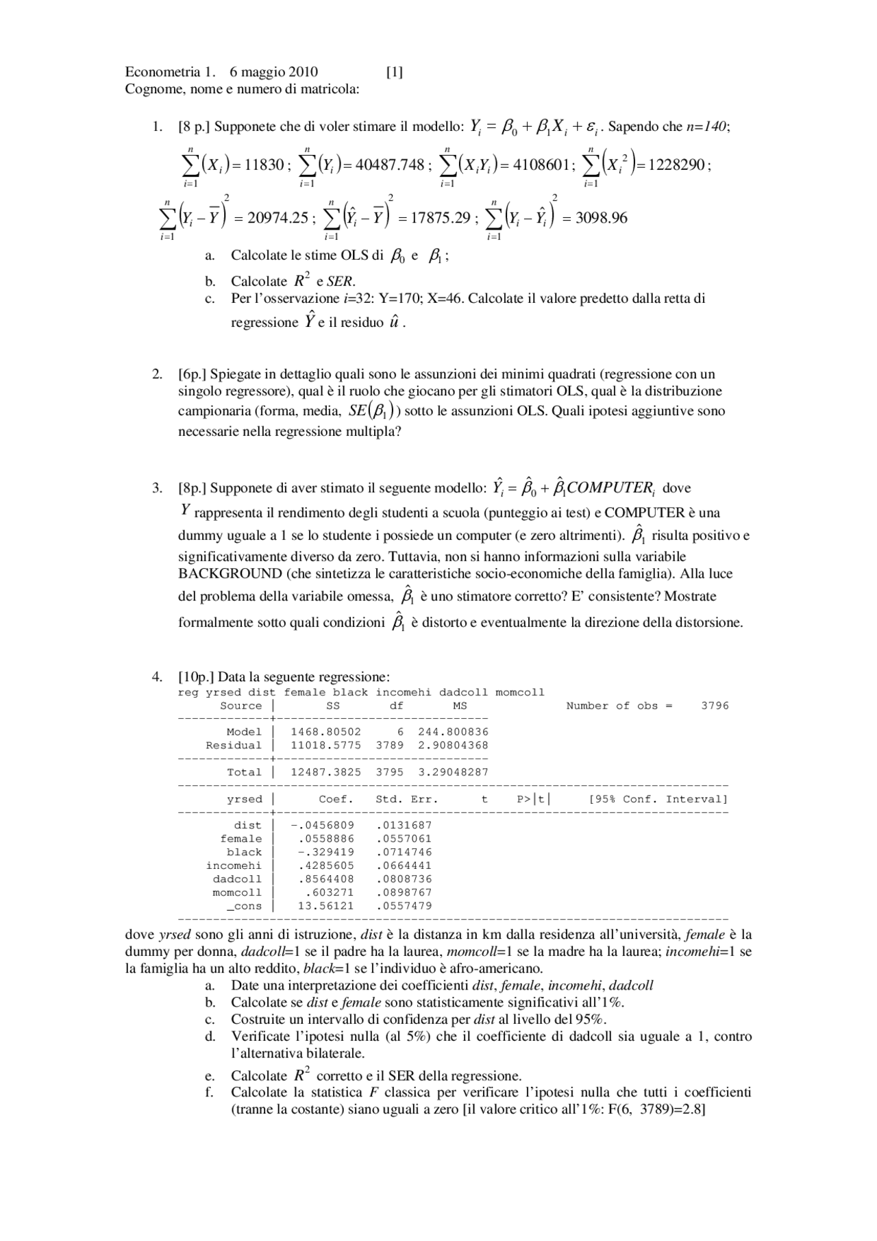 Esempio Esame Econometria Docsity