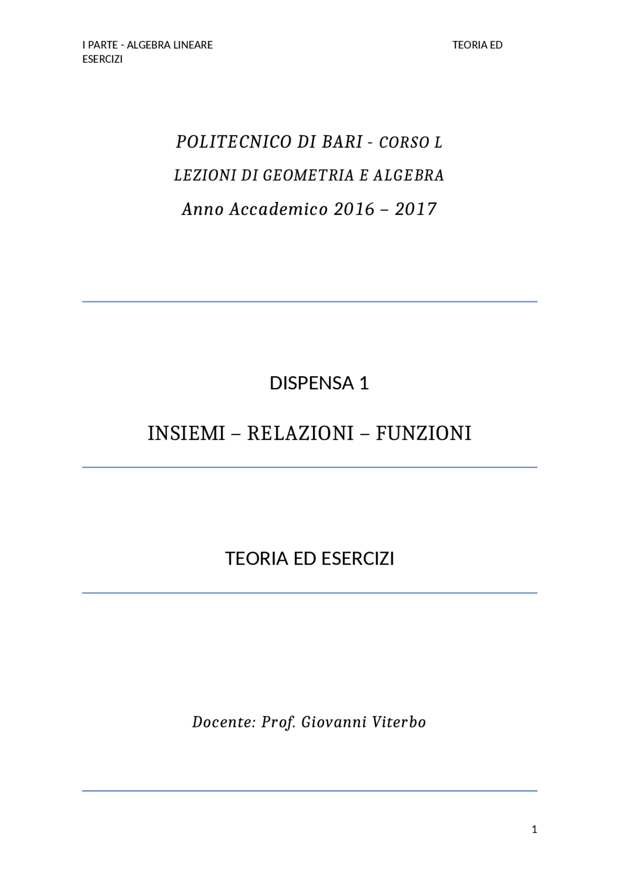 Dispensa 1 di geometria (insiemi,relazioni e funzioni) - Docsity