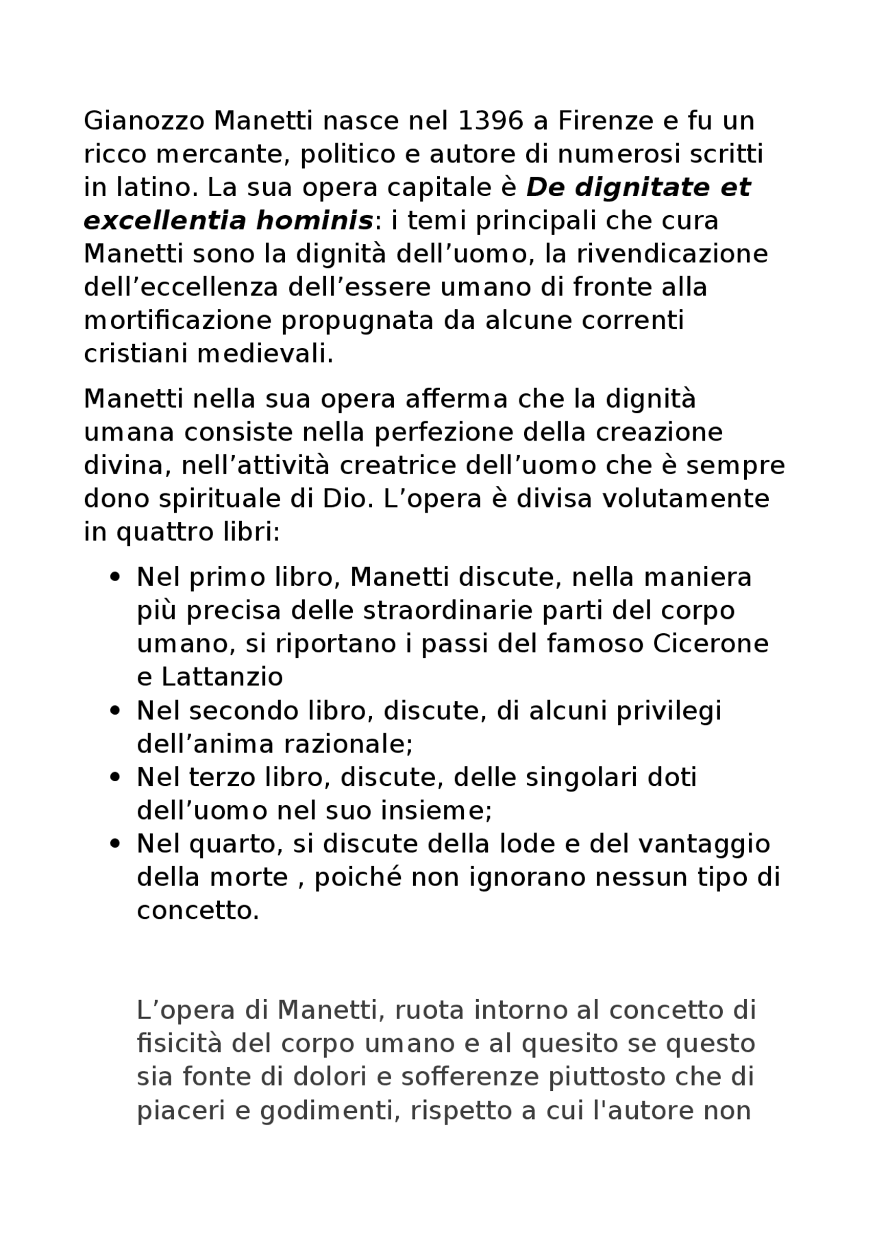 Manetti Dignità Ed Eccellenza Delluomo Riassunto Docsity