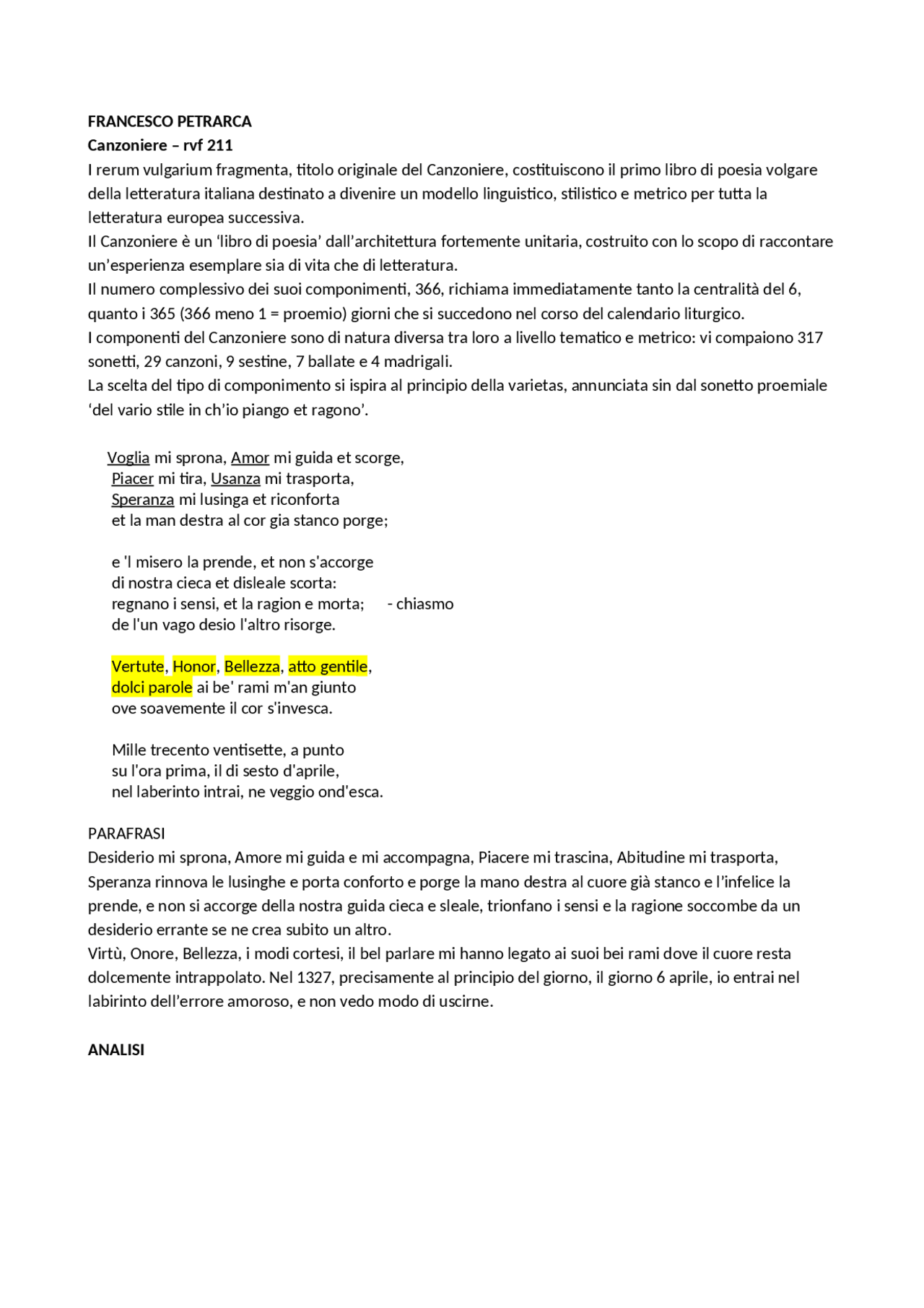 Riassunto Canzoniere Rvf 211 Docsity