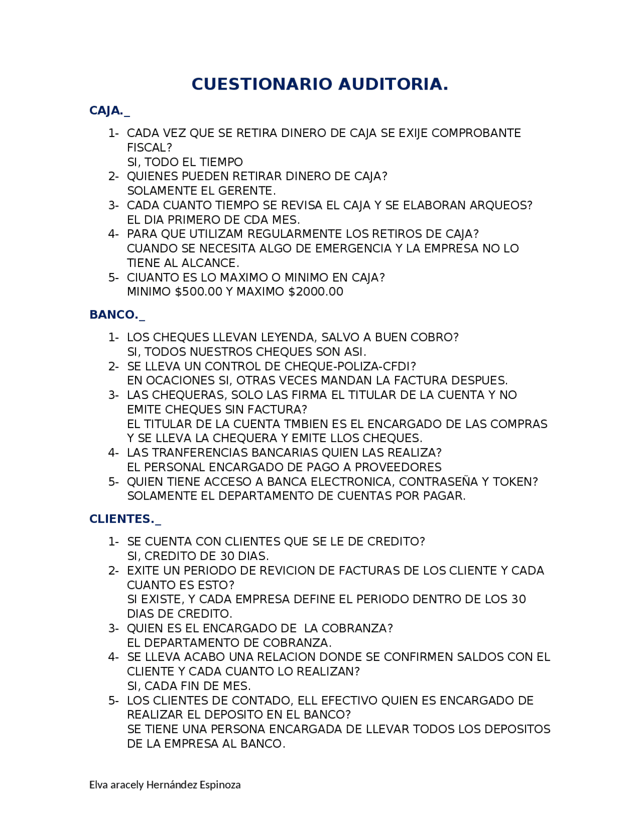 Cuestionario Auditoría Financiera: Caja, Banco, Clientes, Proveedores y ...