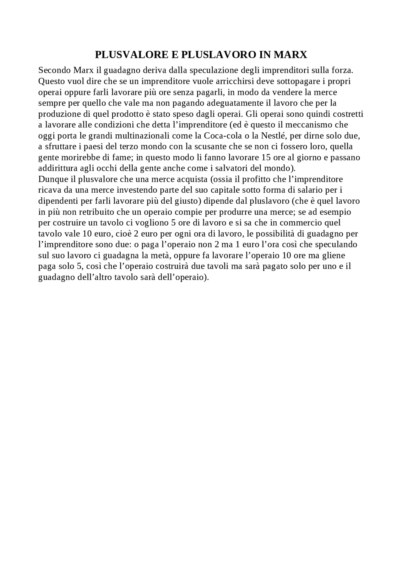 Plusvalore e Pluslavoro - Docsity