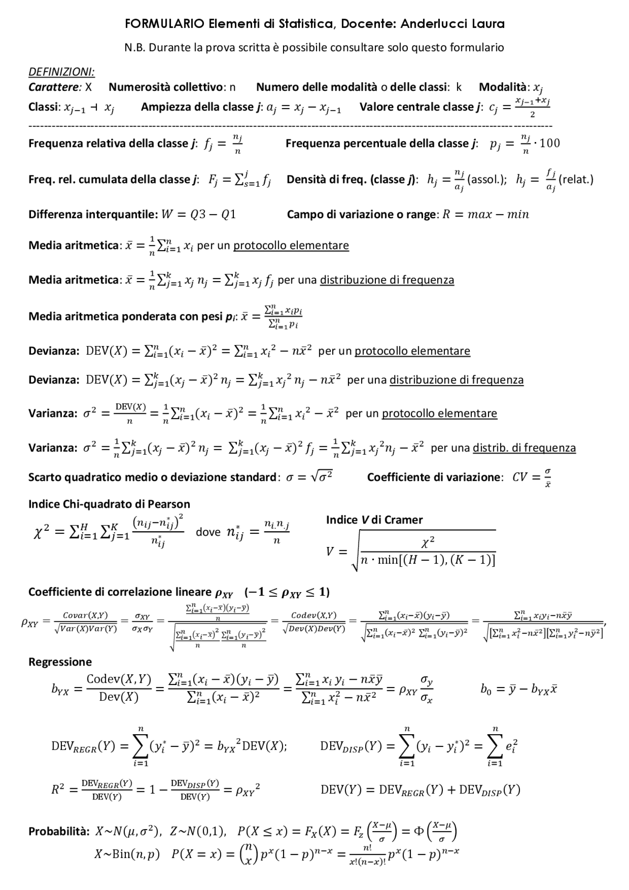 Formule elementi di statistica | Appunti di Statistica | Docsity