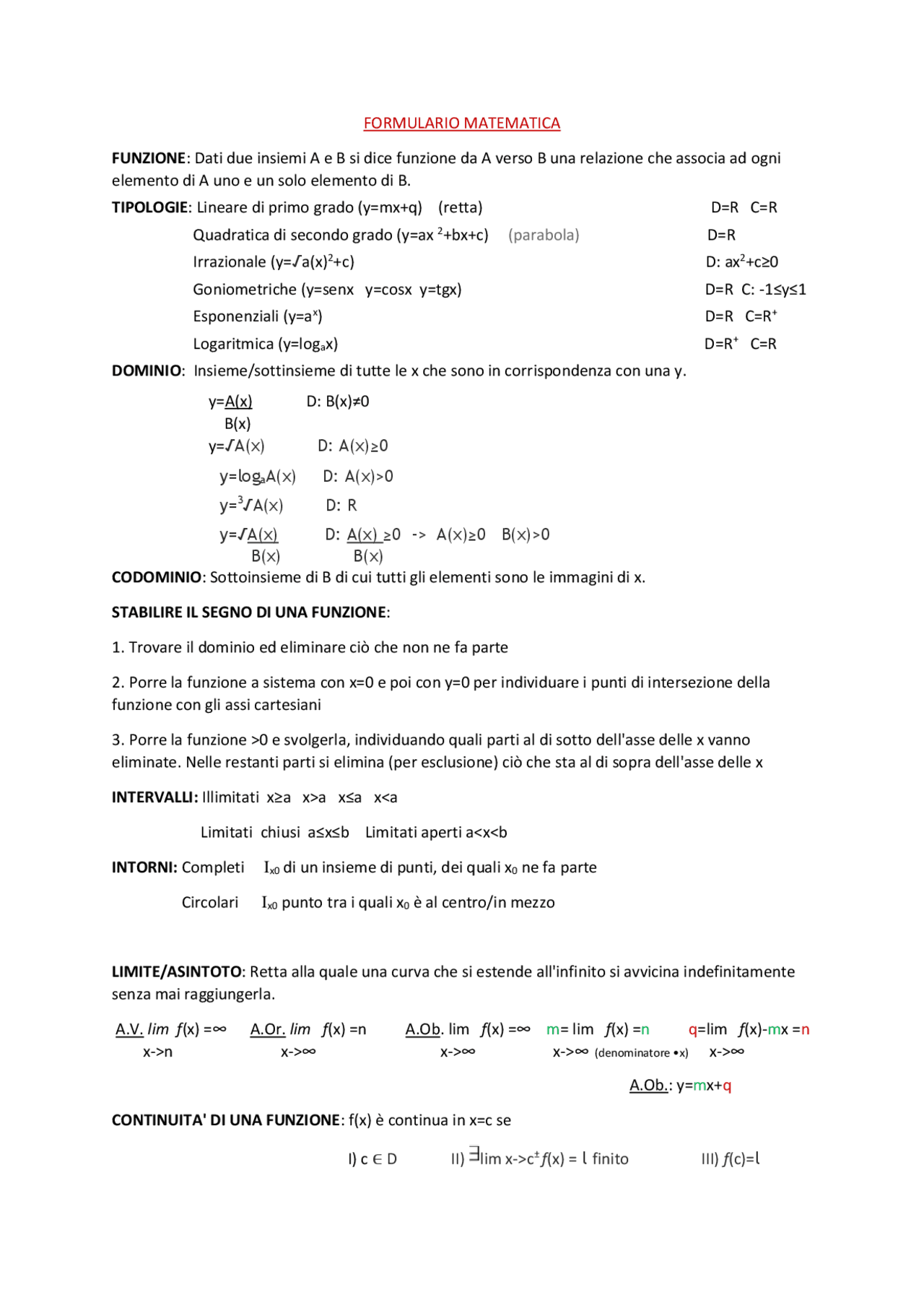Formulario di Matematica per esame di Maturità - Docsity