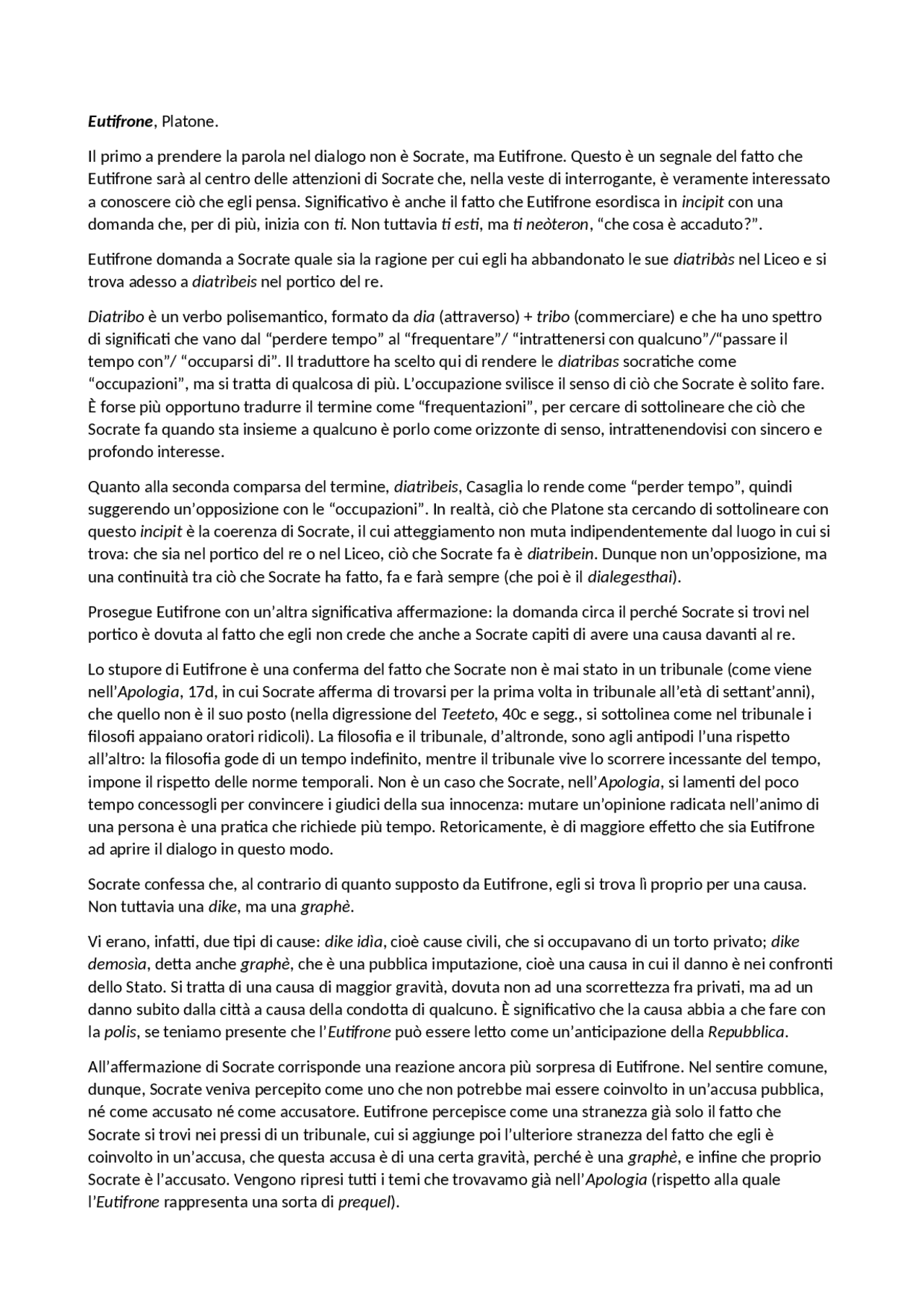 Riassunto E Appunti Del Dialogo Platonico Eutifrone Docsity