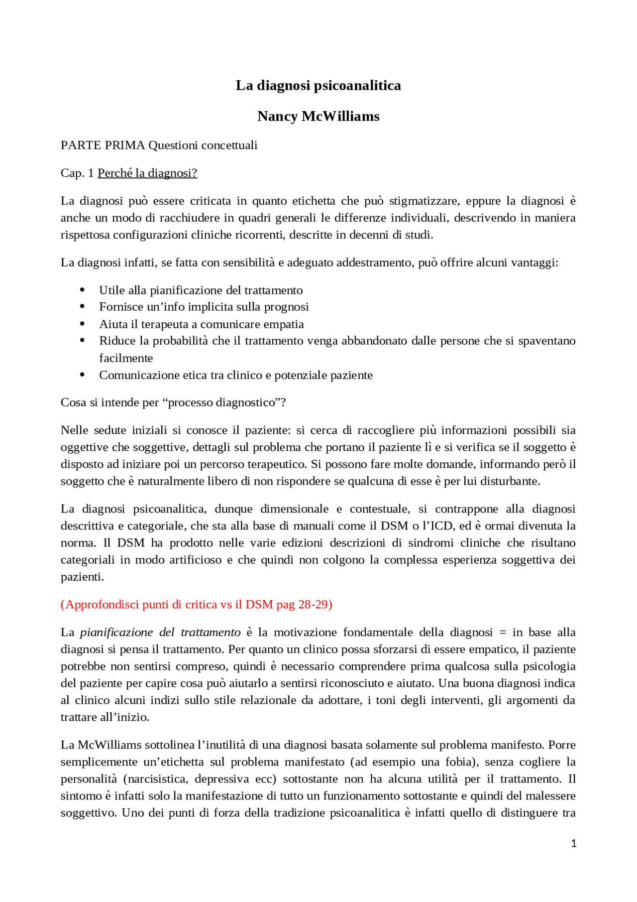 Sintesi La Diagnosi Psicoanalitca Di Nancy Mcwilliams Docsity