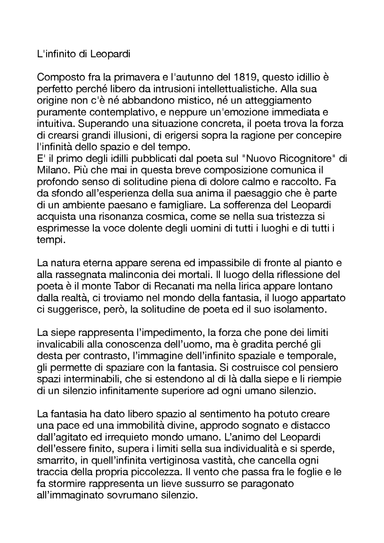 Infinito Commento E Parafrasi Docsity