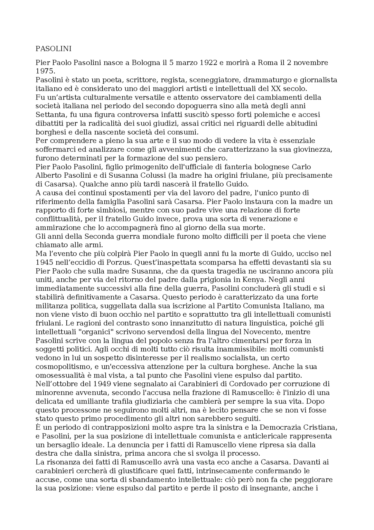 Riassunto Vita Di Pasolini Docsity