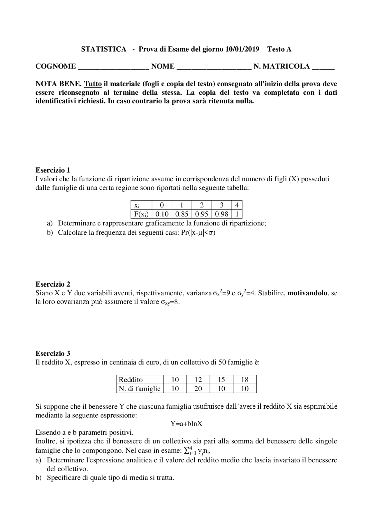 Esame Statistica 10/01/2019 - Docsity