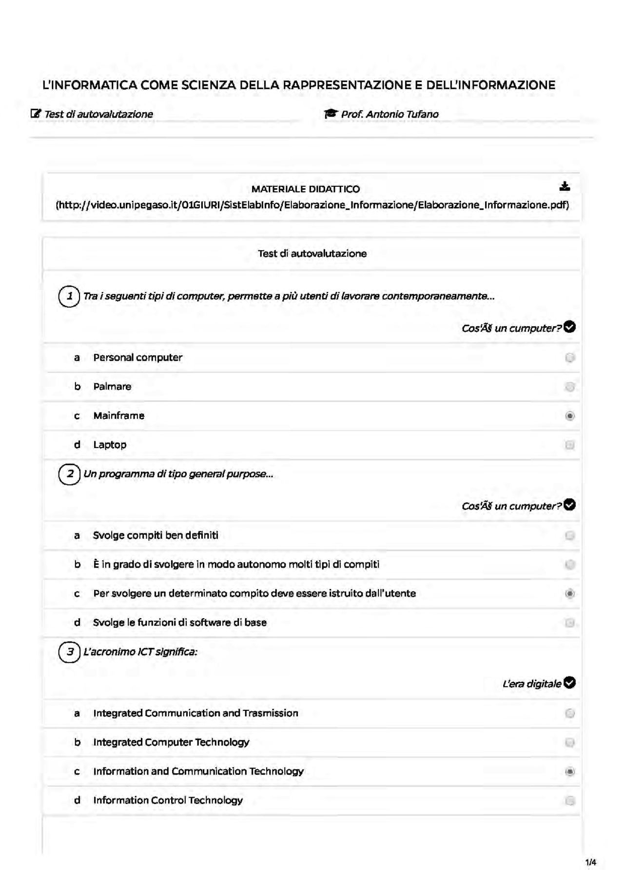 Test Autovalutazione Sistemi Elaborazione Delle Informazioni Docsity