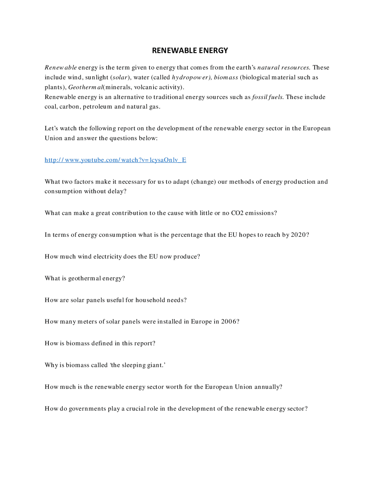Discussion Material Renewable Energy Docsity