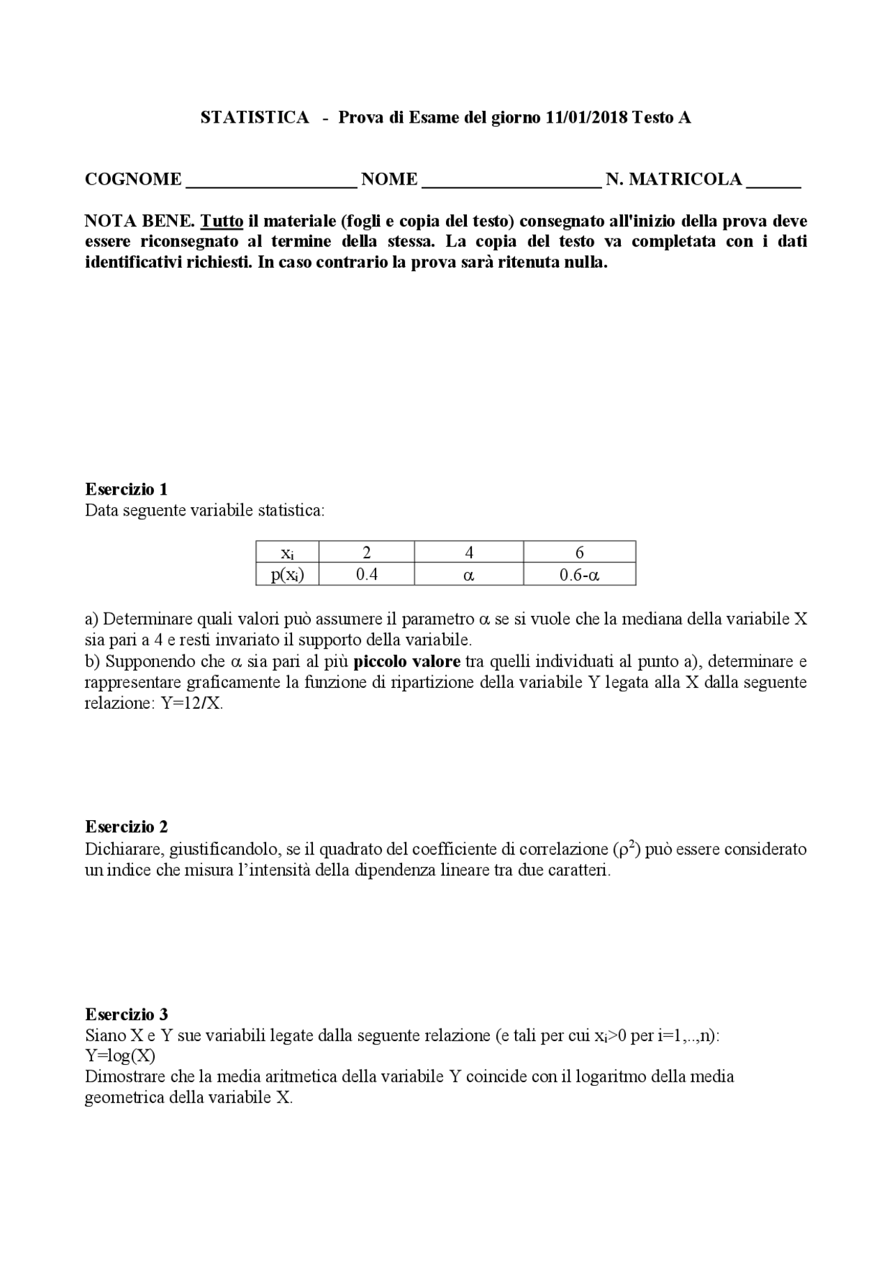 Esame Statistica 11012018 Docsity