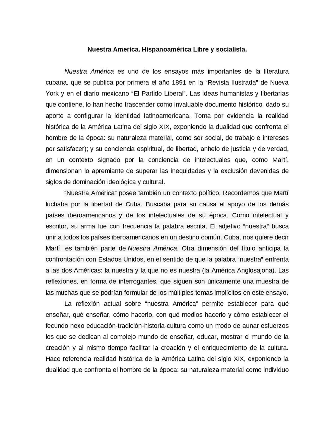 Nuestra america, por jose marti | Transcripciones de Historia | Docsity