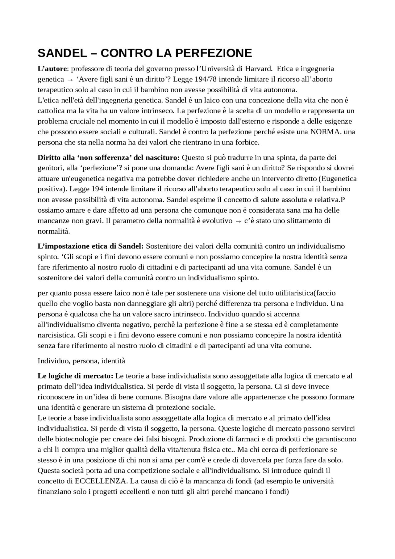 Contro La Perfezione Sandel Appunti Di Bioetica Docsity