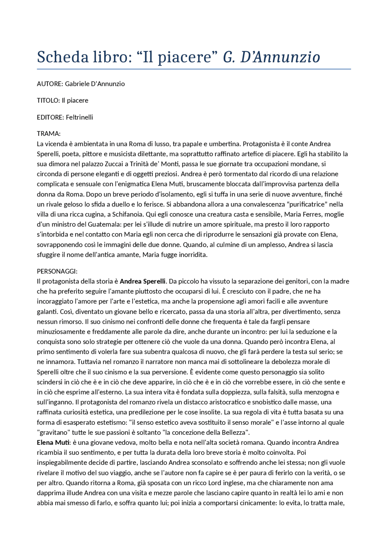 Scheda Libro Il Piacere Dannunzio Appunti Di Italiano Docsity