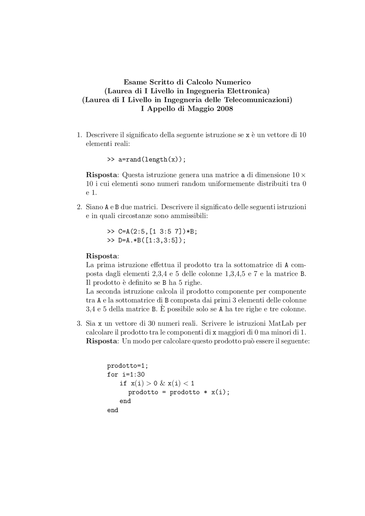 Esercizi Matlab Risolti Esercizi Di Calcolo Numerico Docsity