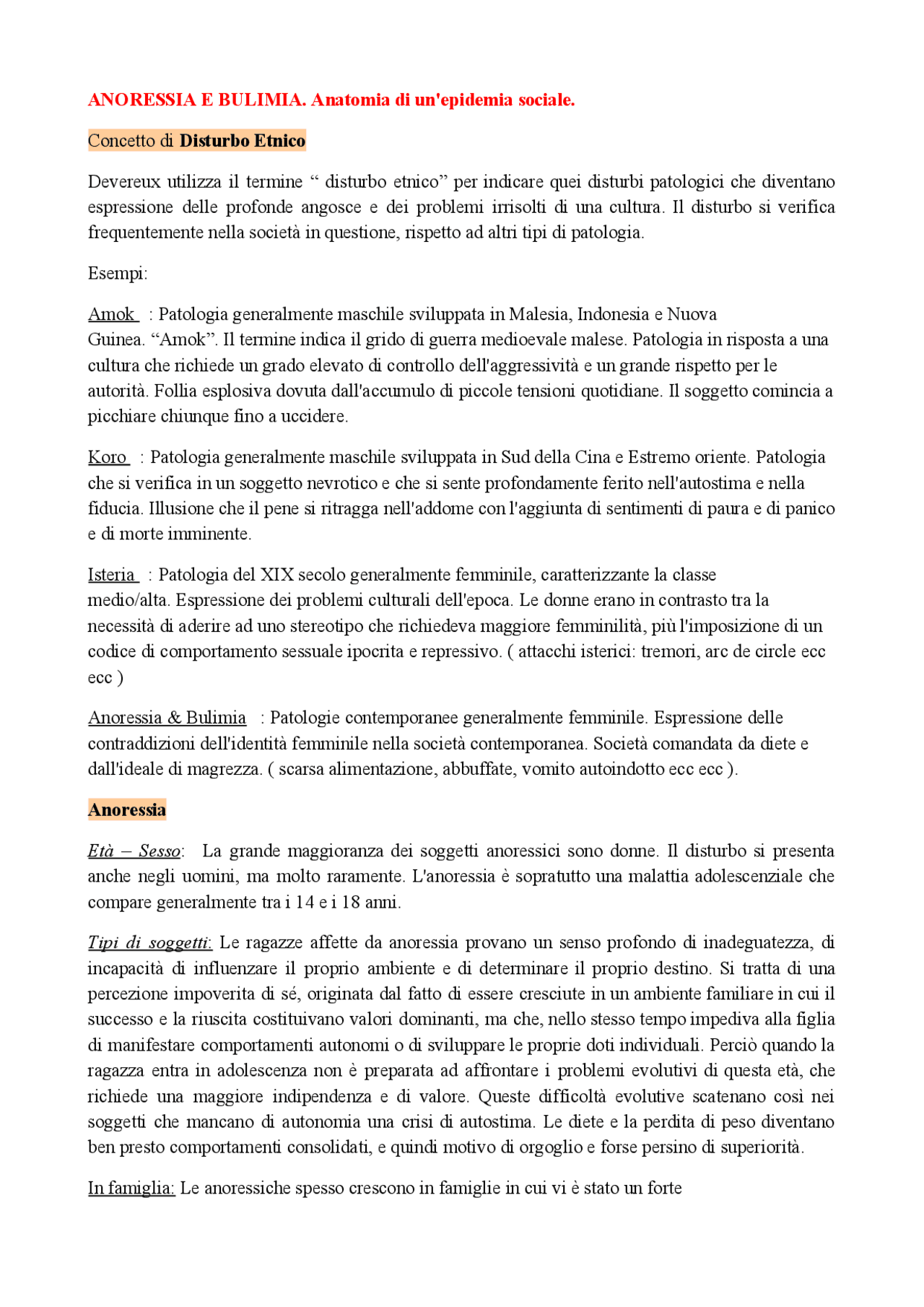 Riassunto Anoressia E Bulimia Docsity