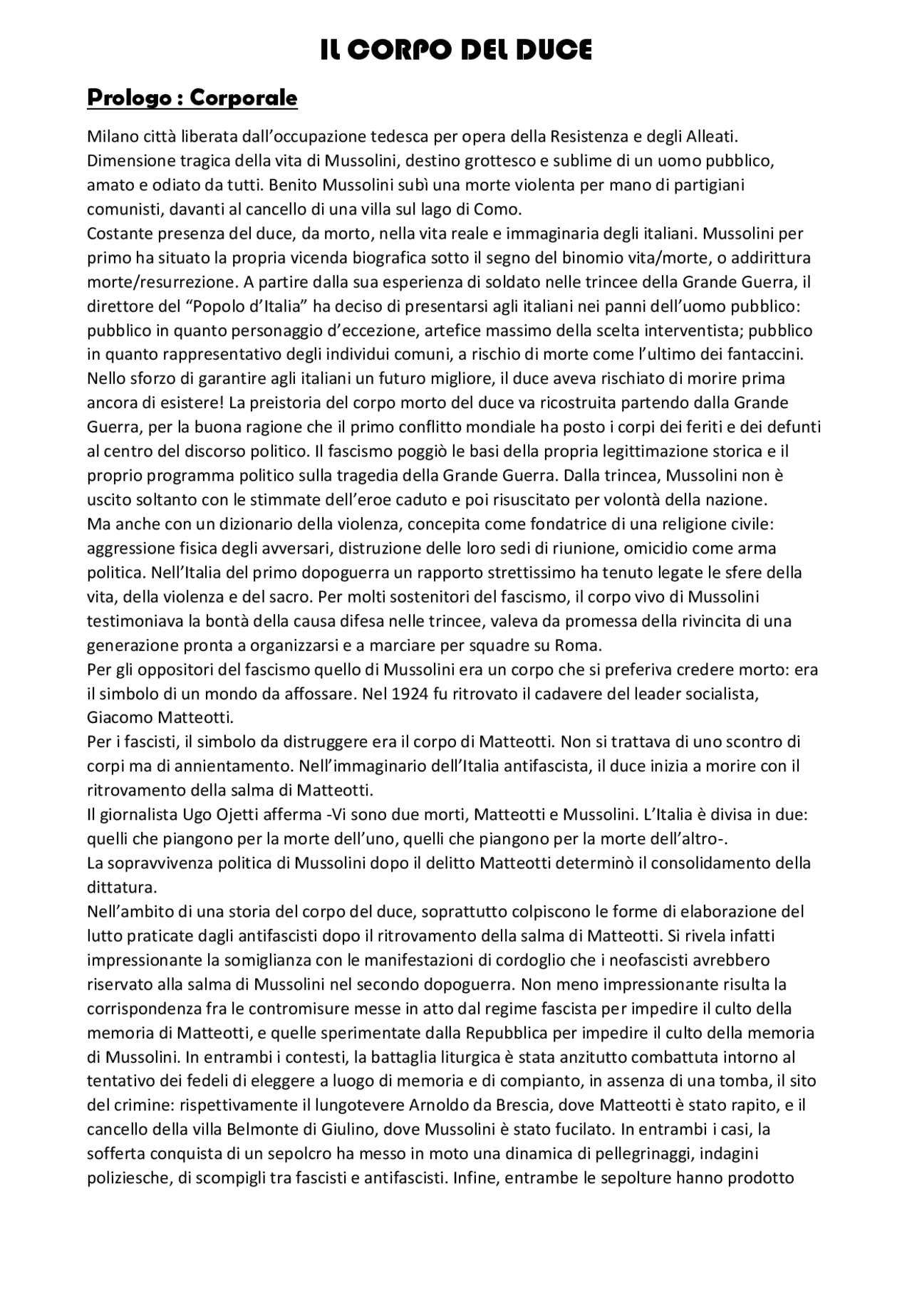 Il Corpo Del Duce Sergio Luzzatto Docsity