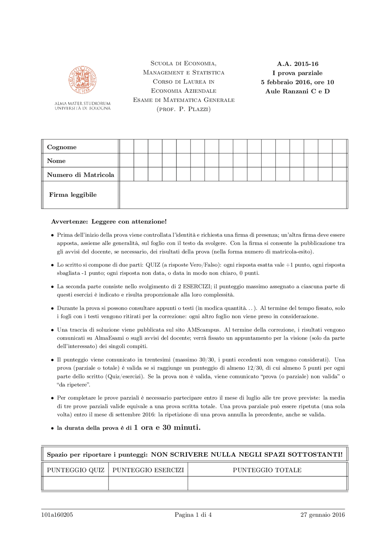 Primo Parziale Matematica Generale Docsity