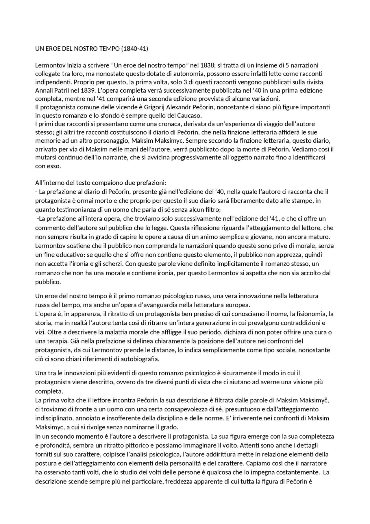 Un Eroe Del Nostro Tempo Analisi Docsity