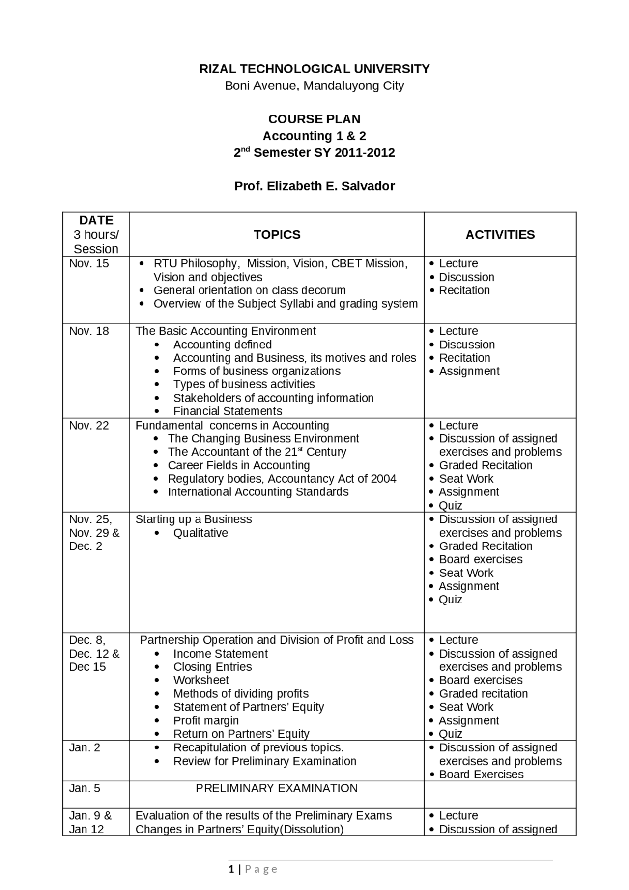 Course plan - fundamentals of accounting - Docsity