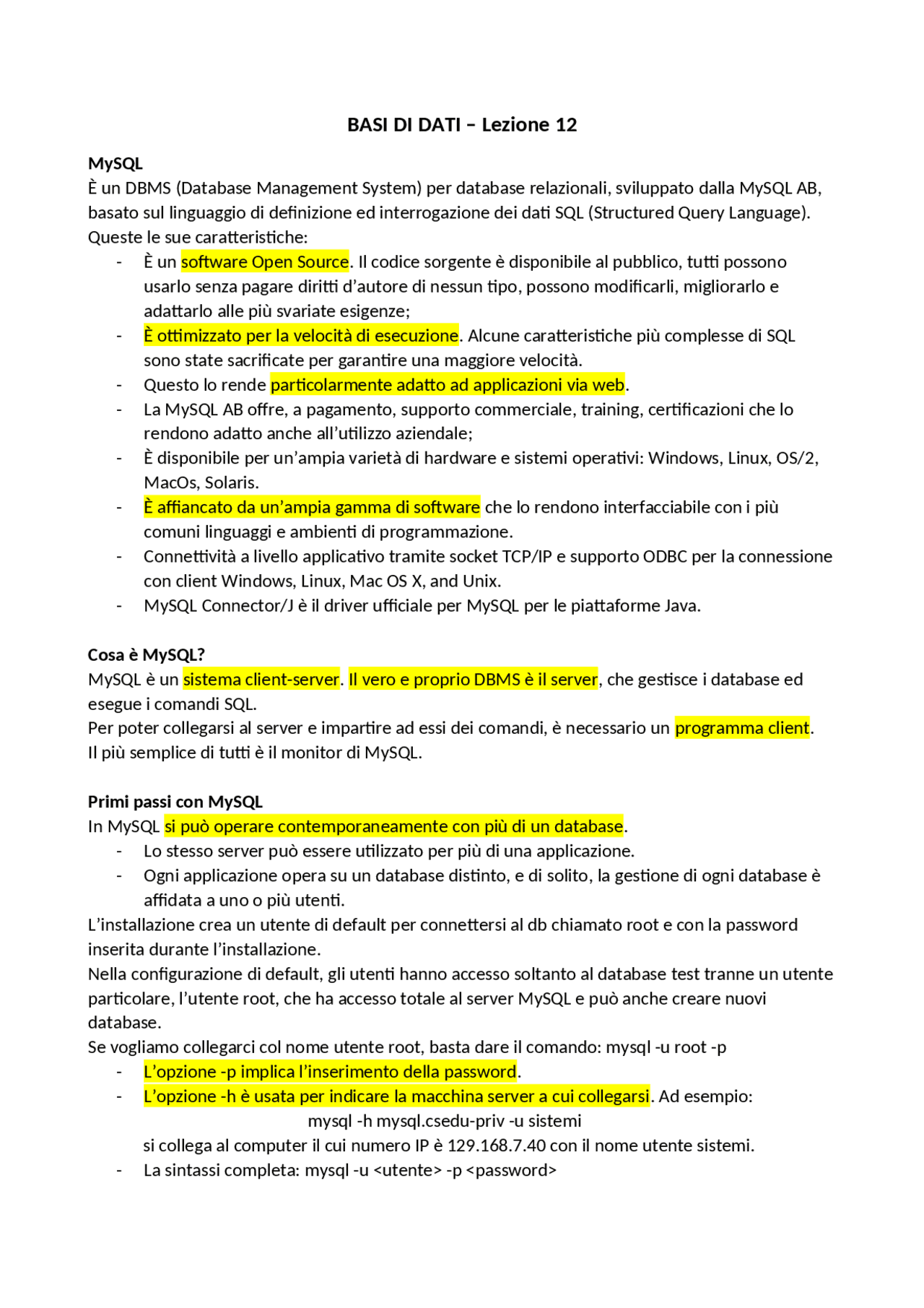Basi Di Dati Mysql Docsity
