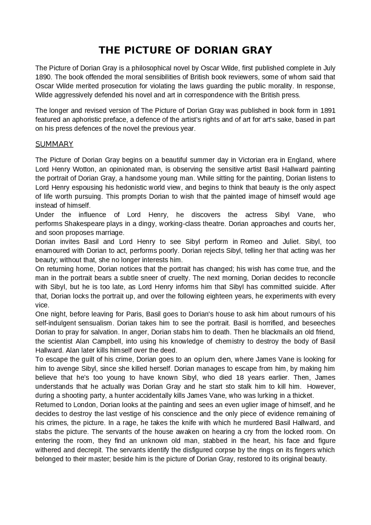Riassunto The Picture Of Dorian Gray In Lingua Inglese Docsity