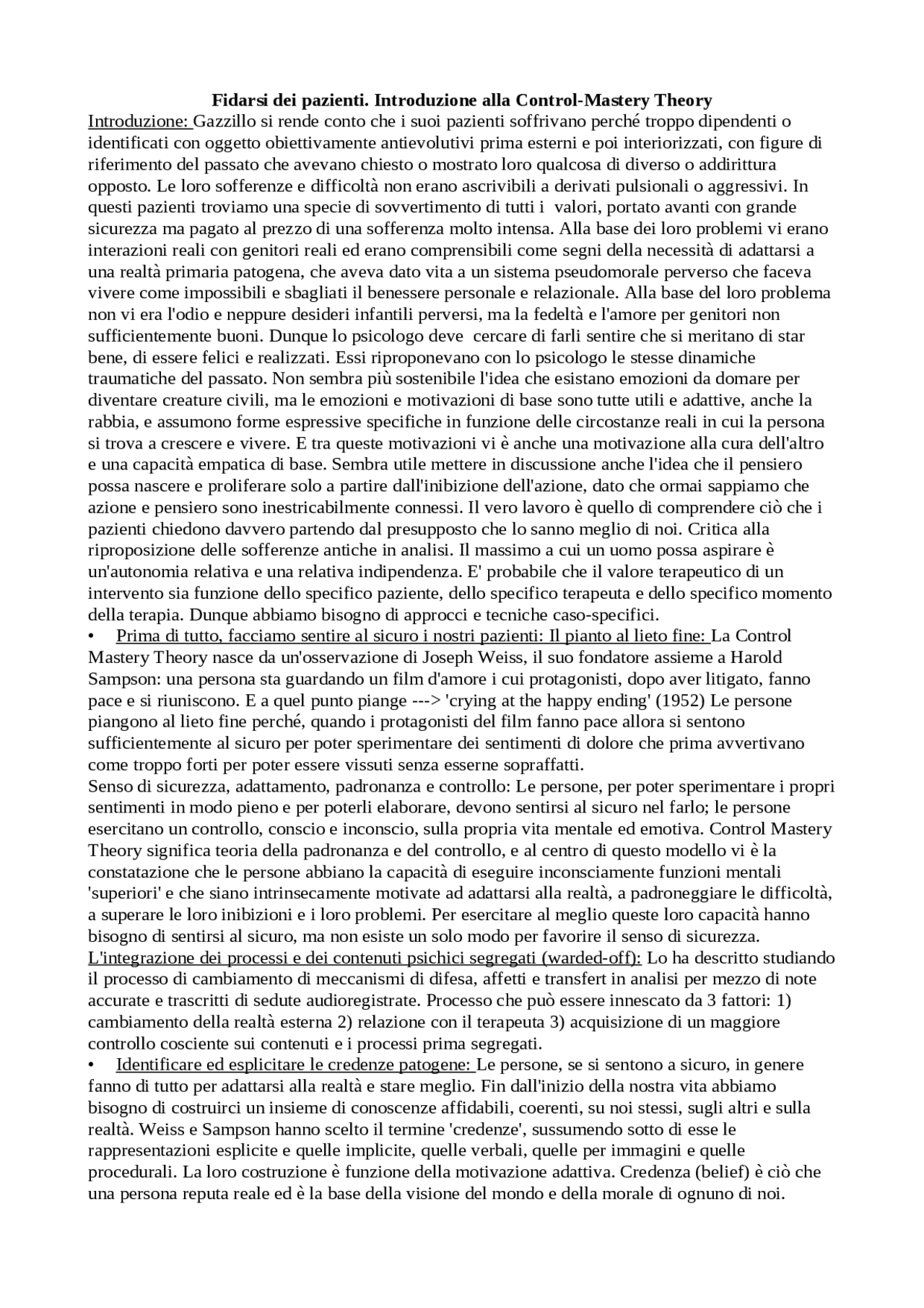 Control Mastery Theory | Appunti di Psicologia Dinamica | Docsity