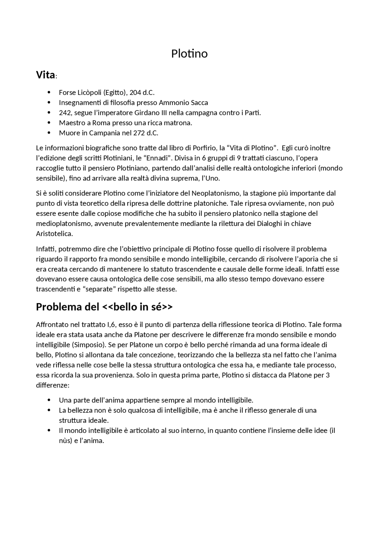 Plotino Sintesi Del Pensiero Docsity
