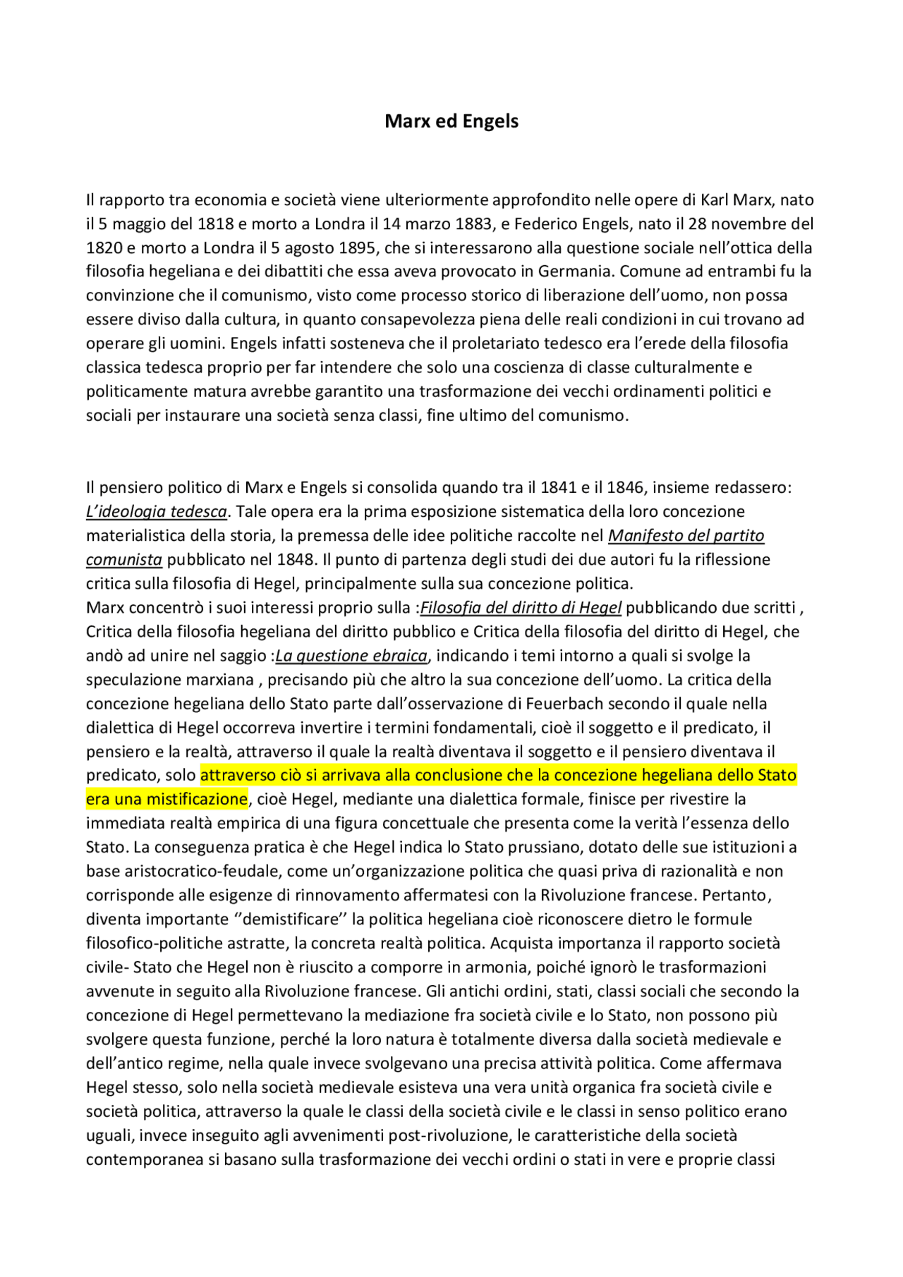 Marx ed Engels - Storia delle dottrine politiche - Docsity