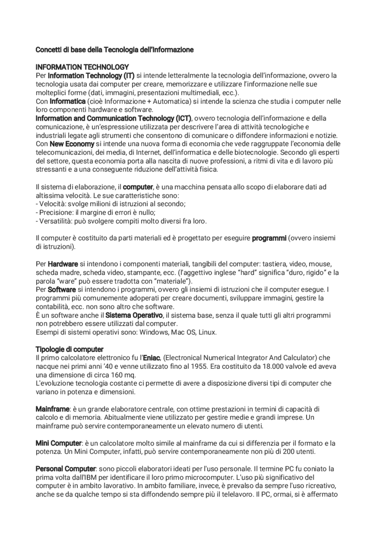 Informatica di base - Docsity