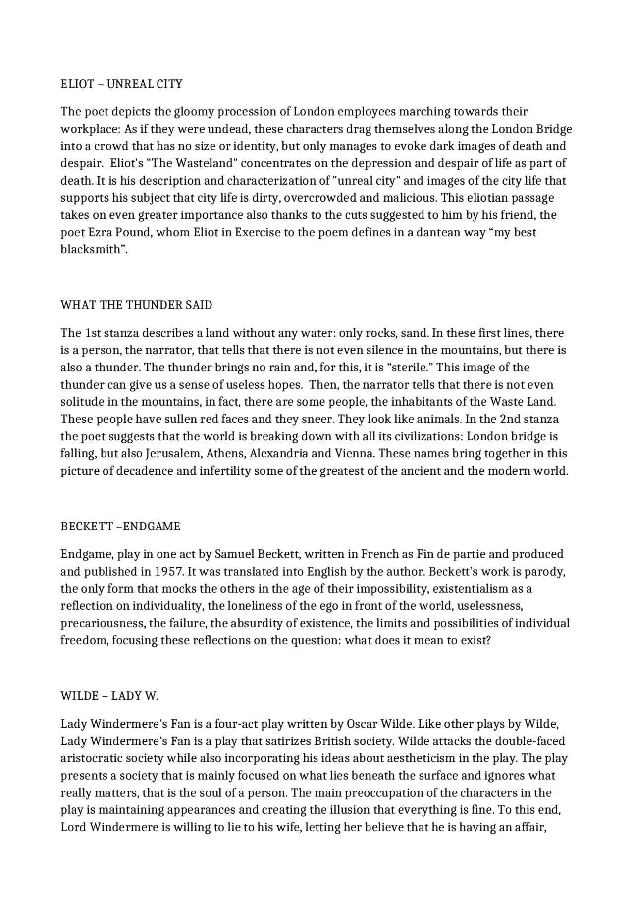 Thomas Eliot Appunti Letteratura Docsity