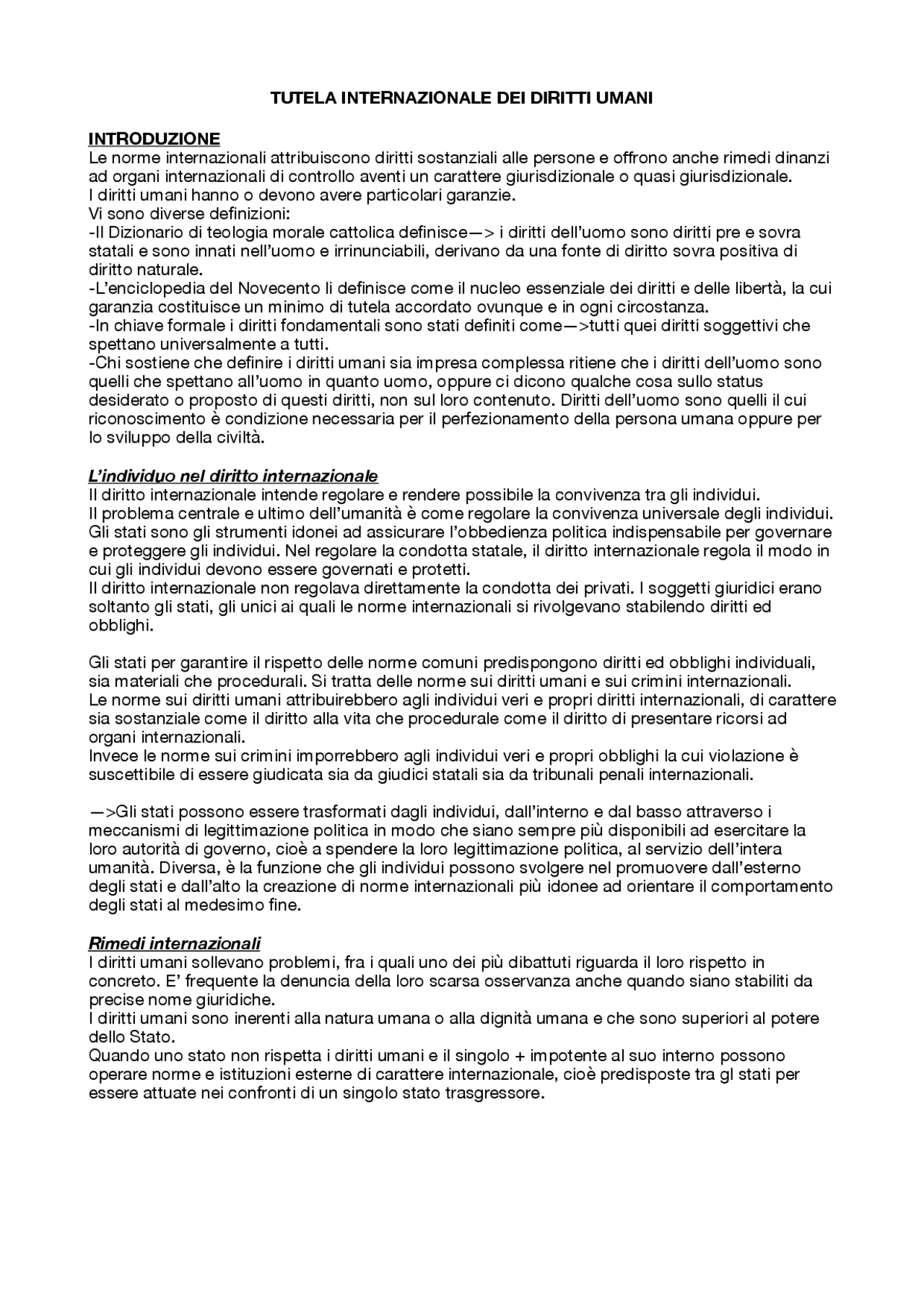 Tutela Dei Diritti Umani Sintesi Del Corso Di Diritti Umani Docsity