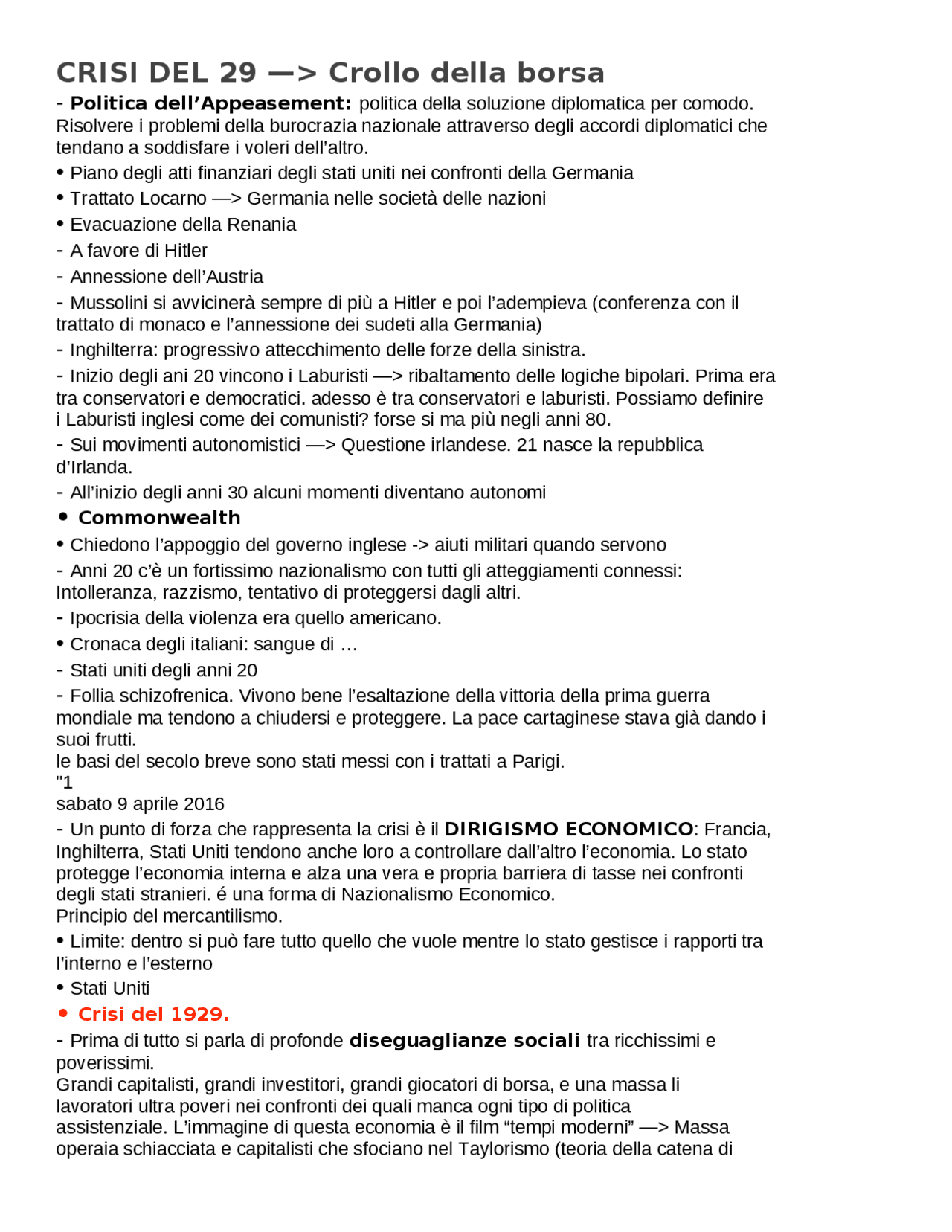 Appunti Storia - La Crisi del '29 - Docsity