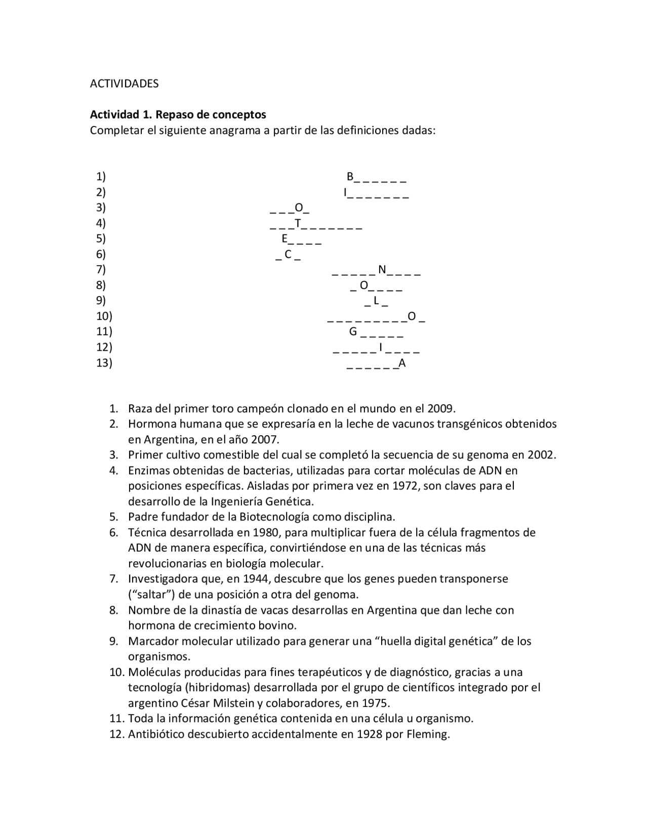 Actividades Biotecnologia | Ejercicios de Biotecnología - Docsity