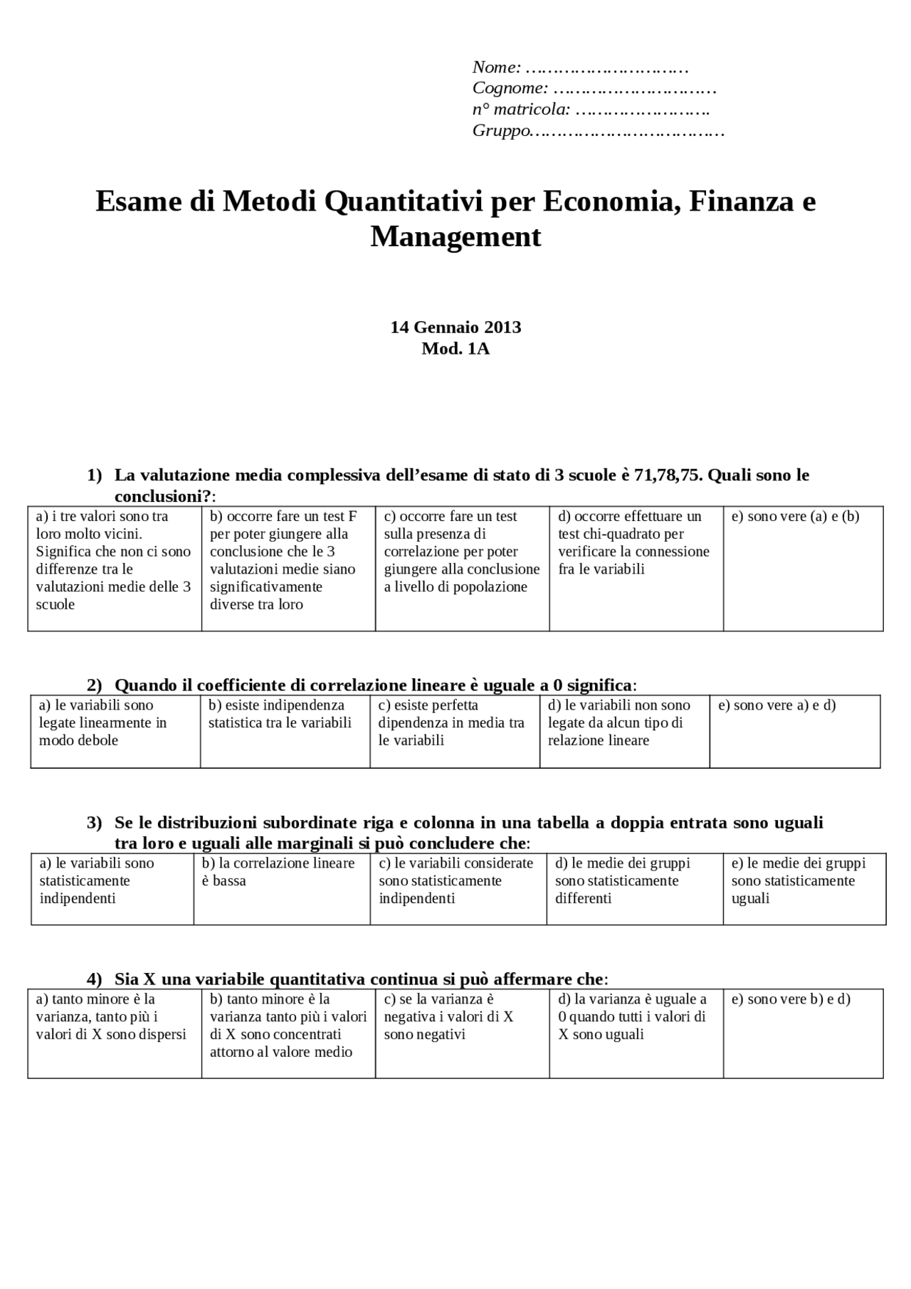 Esame Metodi Quantitativi Docsity