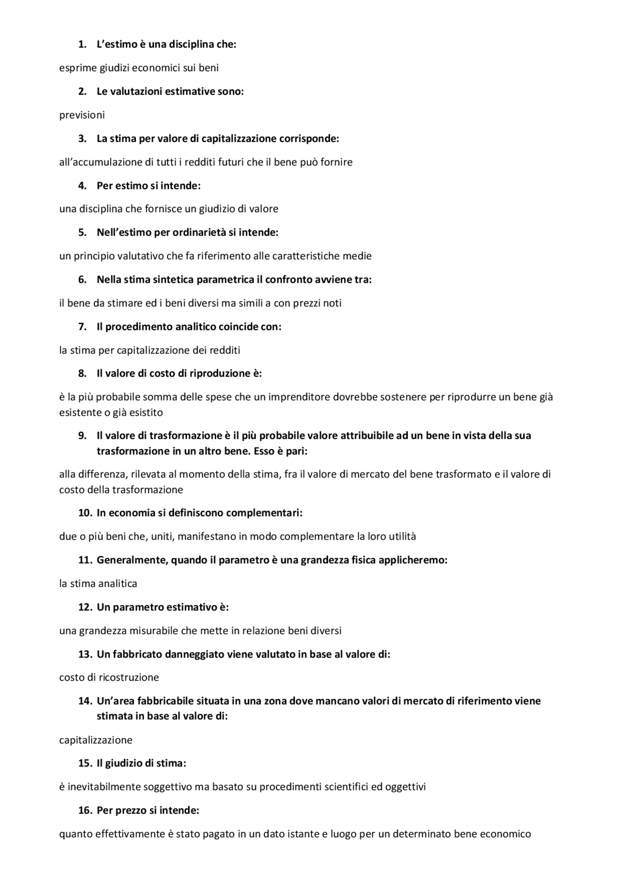 Domande con risposta Estimo ed Economia - Docsity