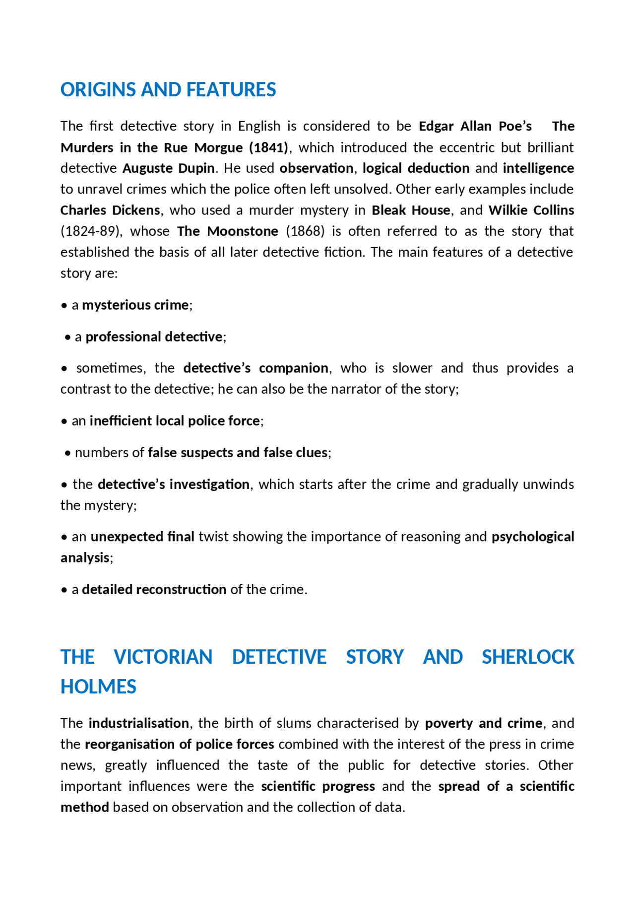 ORIGINS AND FEATURES OF DETECTIVE STORIES - Docsity
